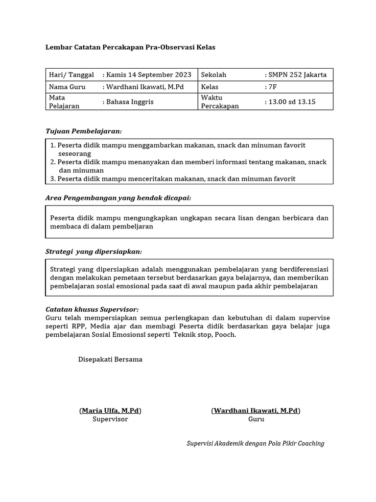 1 - Lembar Catatan Percakapan Pra-Observasi Kelas | PDF | Karier & Perkembangan | Seni ...