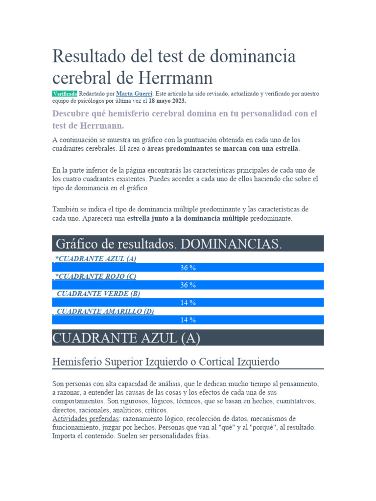 Test Herrmann: Dominancia Cerebral | PDF | Aprendizaje | Aprendiendo ...