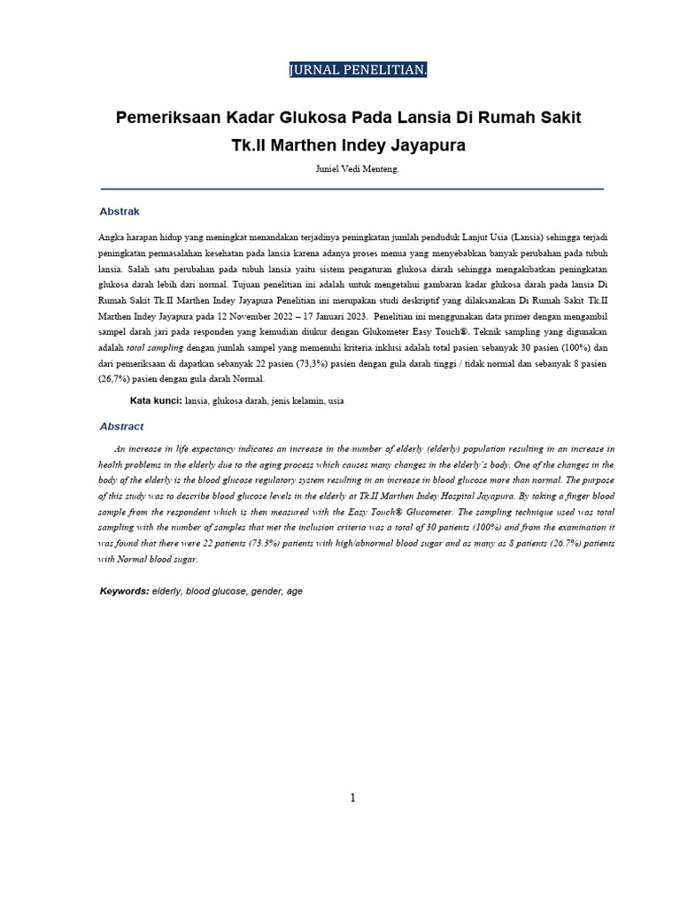 Pemeriksaan Kadar Glukosa Darah Pada Lansia Di Rumah Sakit TK II Marthen Indey Jayapura | PDF