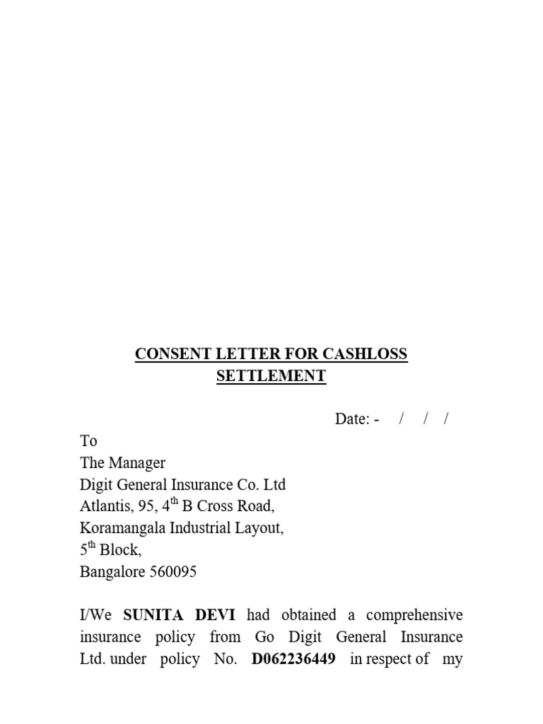 Consent Letter for Cash Loss Settlement | PDF | Insurance | Common Law