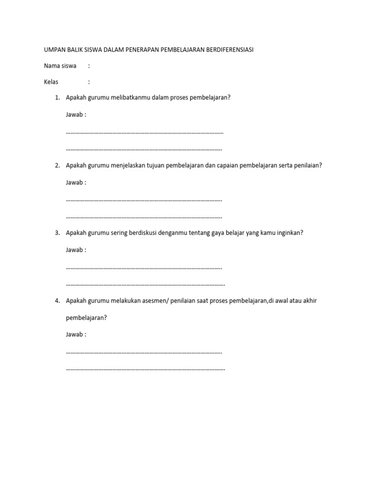 Umpan Balik Siswa Dalam Penerapan Pembelajaran Berdiferensiasi | PDF