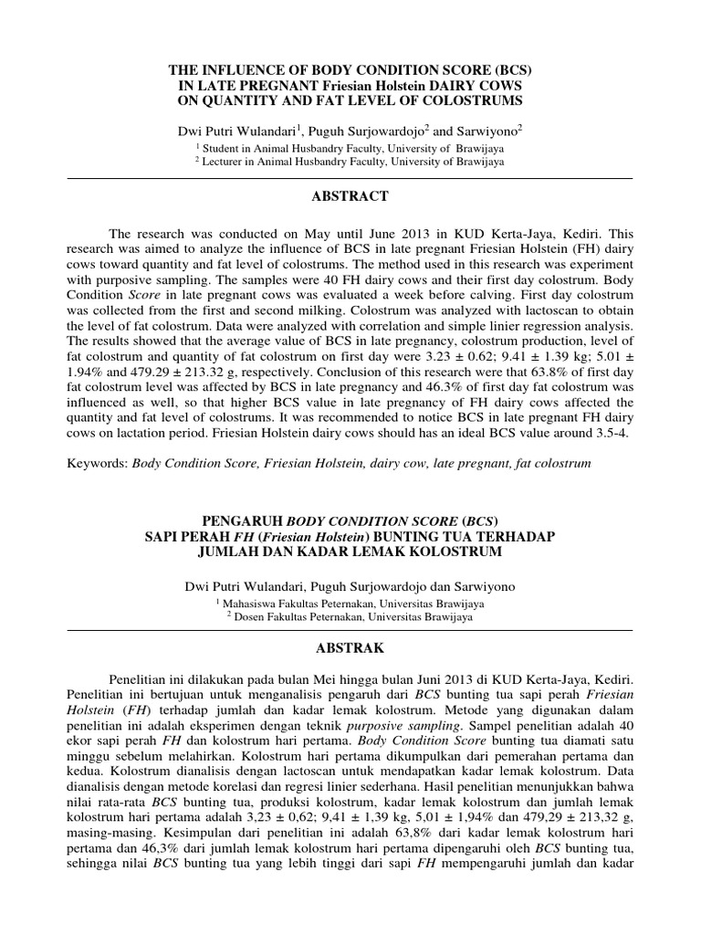 WulandariPengaruh Body Condition Score BCS Sapi Perah FH Friesian ...