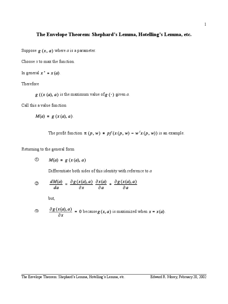 The Envelope Theorem: Shephard's Lemma, Hotelling's Lemma, Etc | PDF