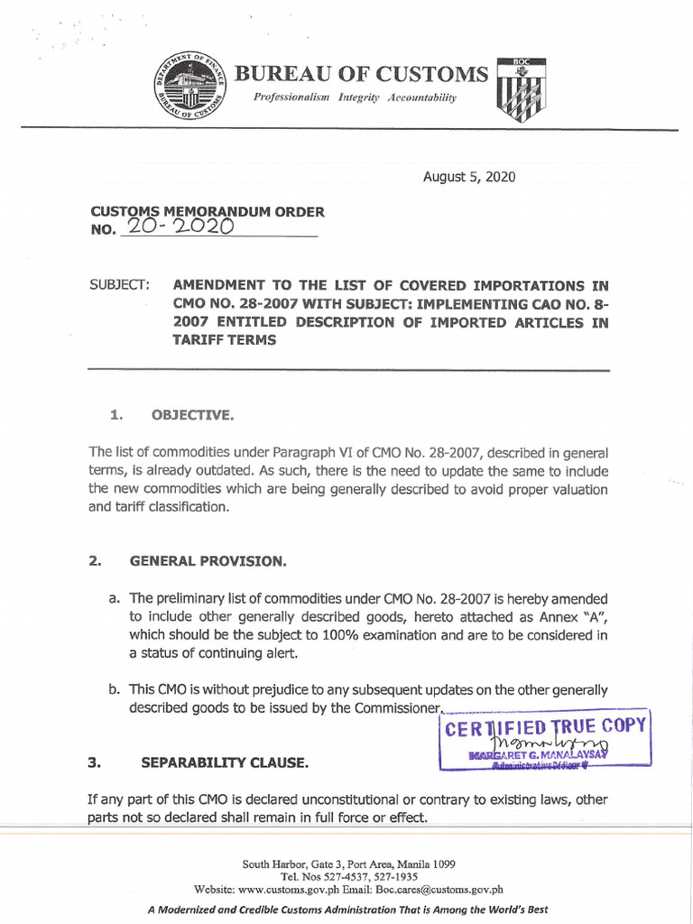 BoC-Customs-Memorandum-Order-No-20-2020-Ddescription of Imported ...