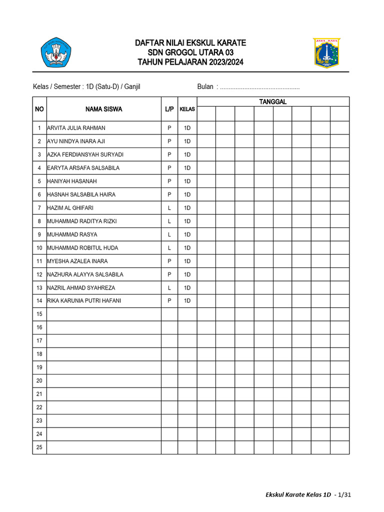 Daftar Nilai Ekskul Pencak Silat | PDF