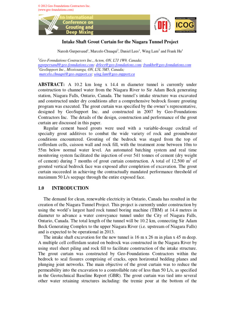 Intake Shaft Grout Curtain For The Niagara Tunnel Project-DFI | PDF ...