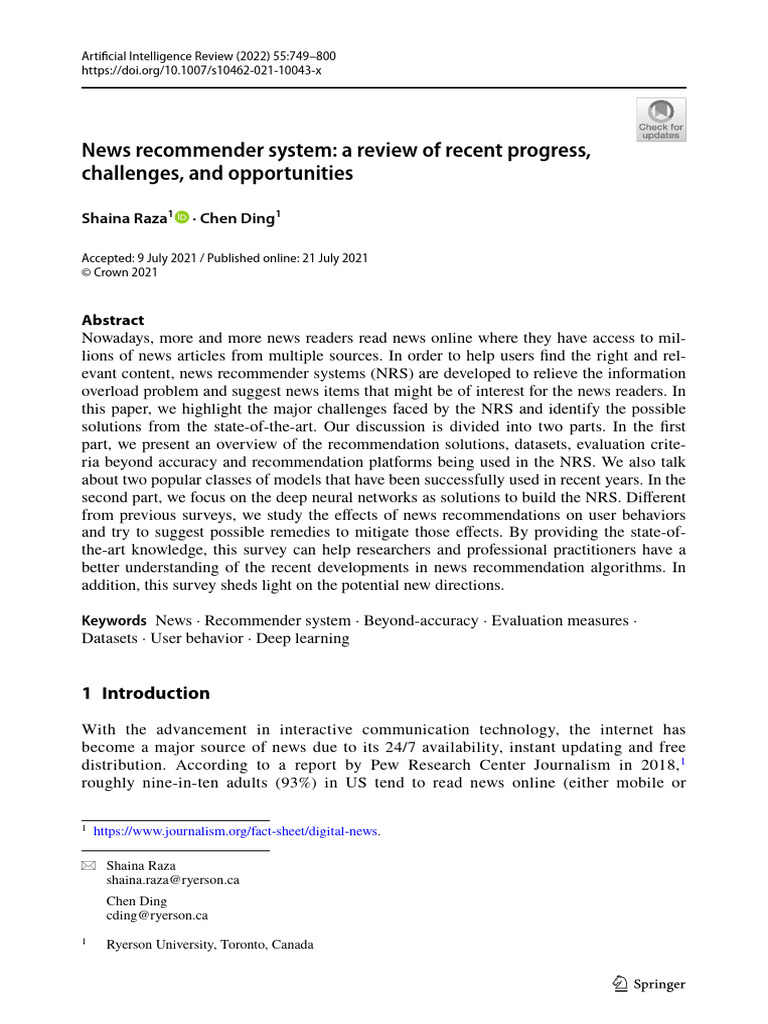 News Recommender System A Review Of Recent Progress Challenges And Opportunities Pdf