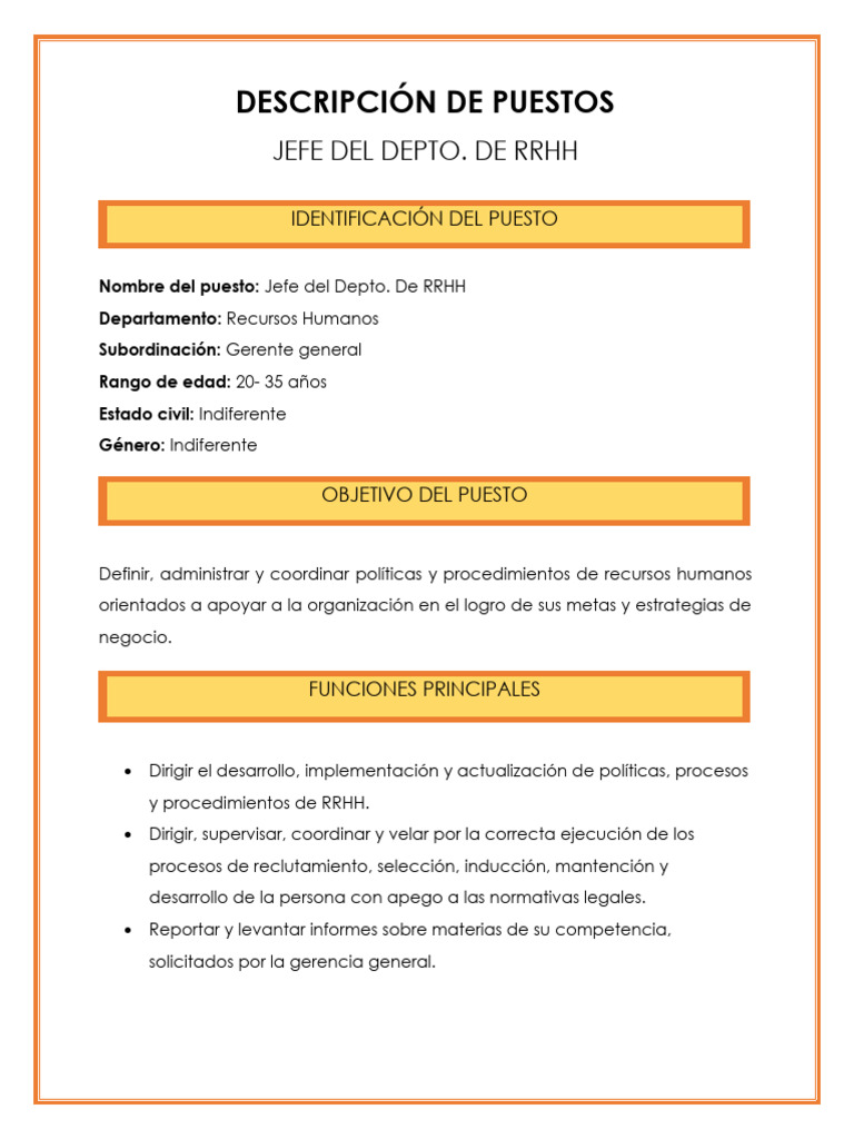 Descripción de Puesto RRHH | PDF | Gestión de recursos humanos | Economias