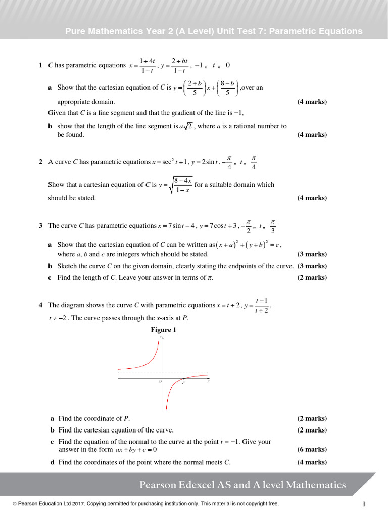 A Level Pure Unit 7 Parametric Equations QP | PDF | Equations | Curve