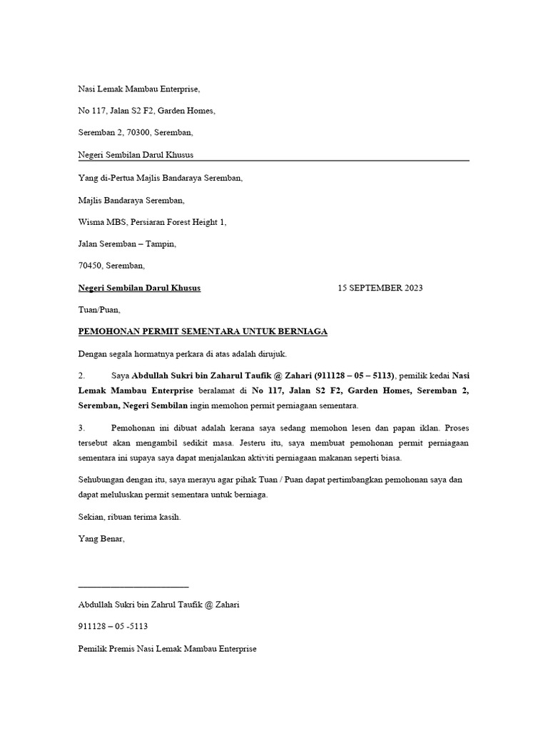 Surat Pemohononan Permit Sementara | PDF | Memasak, Makanan, & Anggur