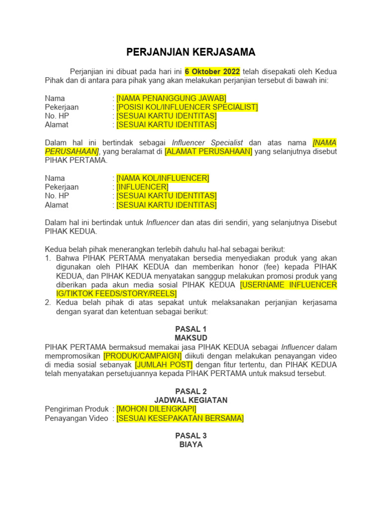 Template Surat Perjanjian Kerjasama KOL - Influencer | PDF