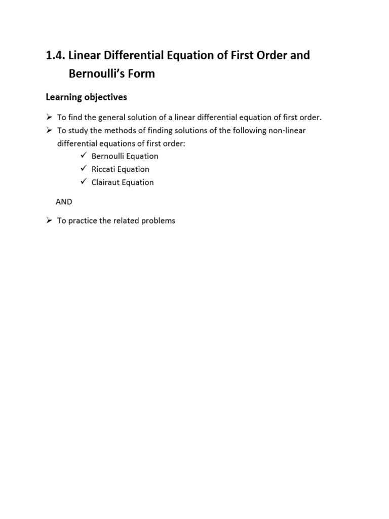 1.4. Linear First Order Differential Equations and Bernoulli's Form | PDF | Ordinary ...