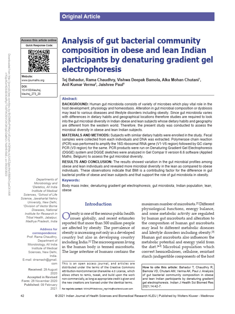 Gut Microbiota in Obese vs Lean Indians | PDF | Polymerase Chain ...