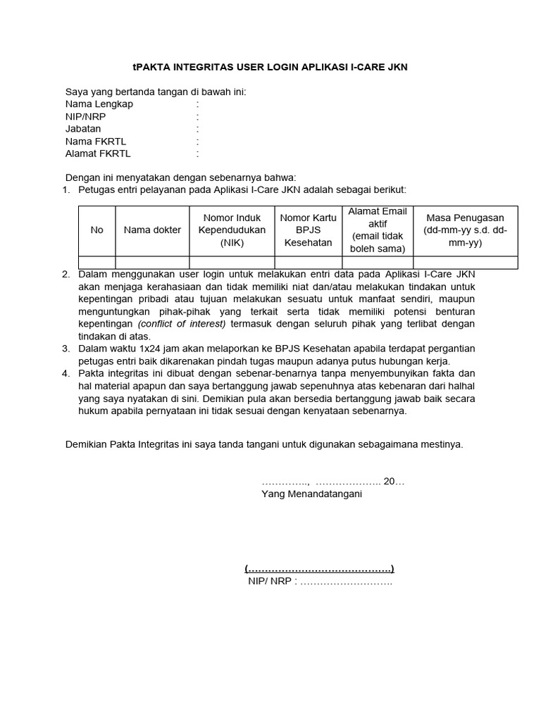 Pakta Integritas User Login Aplikasi I-care Jkn-1 | PDF