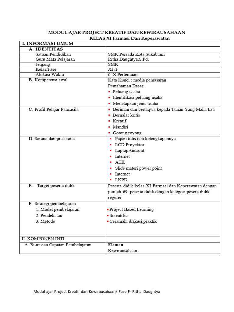MODUL AJAR PROJECT KREATIF DAN KEWIRAUSAHAAN KELAS XI Farmasi Dan Keperawatan | PDF