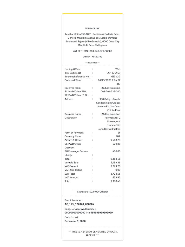 Cebu Pacific Official Receipt Guide | PDF