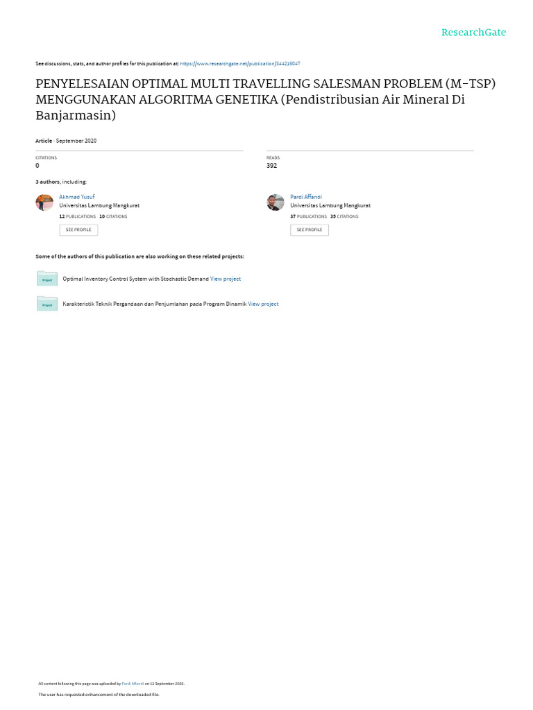 Penyelesaian Optimal Multi Travelling Salesman Problem (M-TSP ...