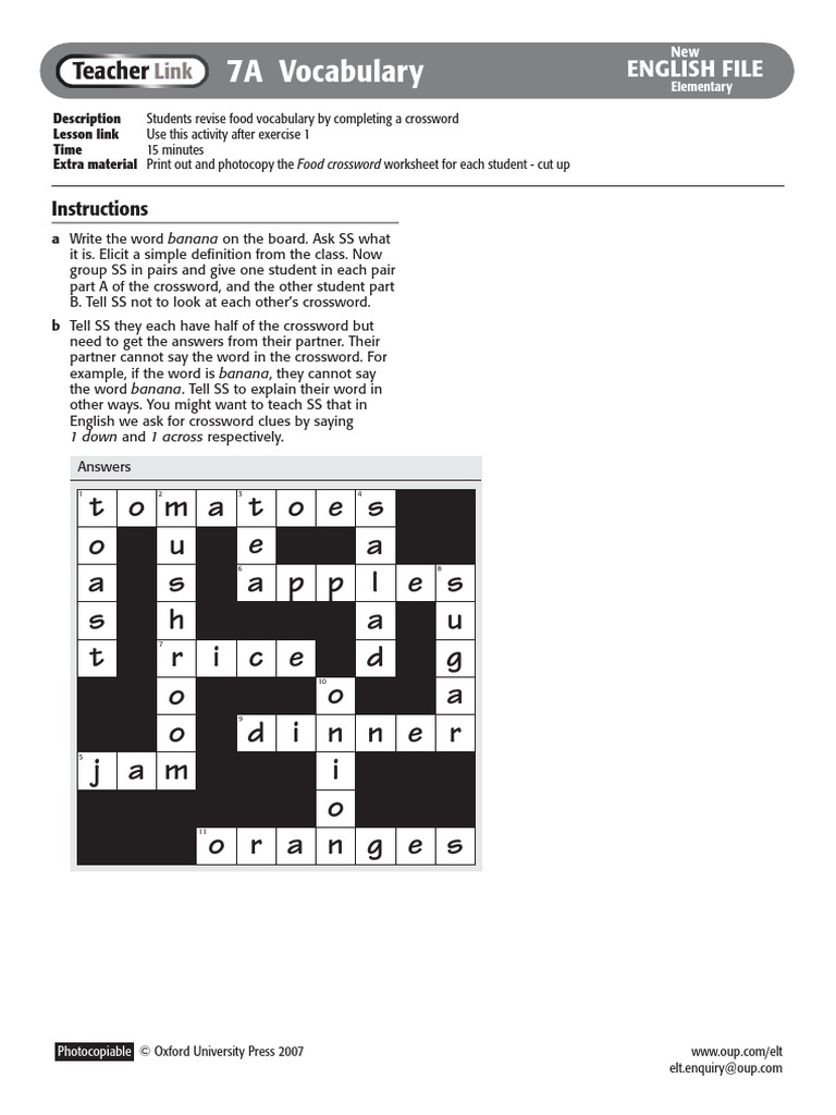Food Vocabulary Crossword Activity | PDF | Crossword