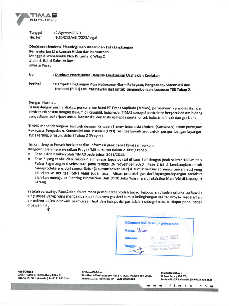 Tanda Terima KLH - TOD 018 Dampak Lingkungan Atas Kebocoran Gas EPCI ...