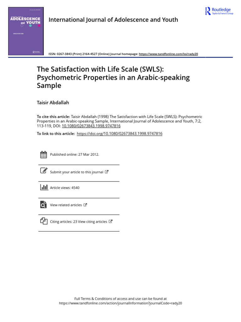 The Satisfaction with Life Scale SWLS Psychometric Properties in an ...