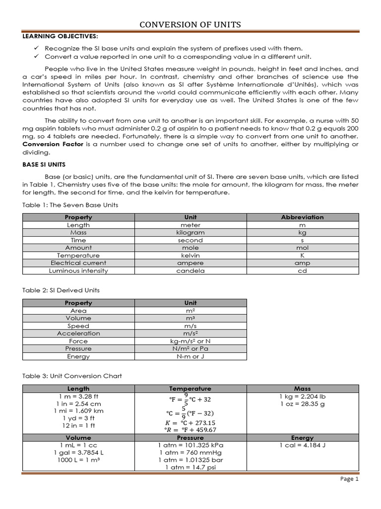 Conversion of Units | PDF | International System Of Units | Mole (Unit)