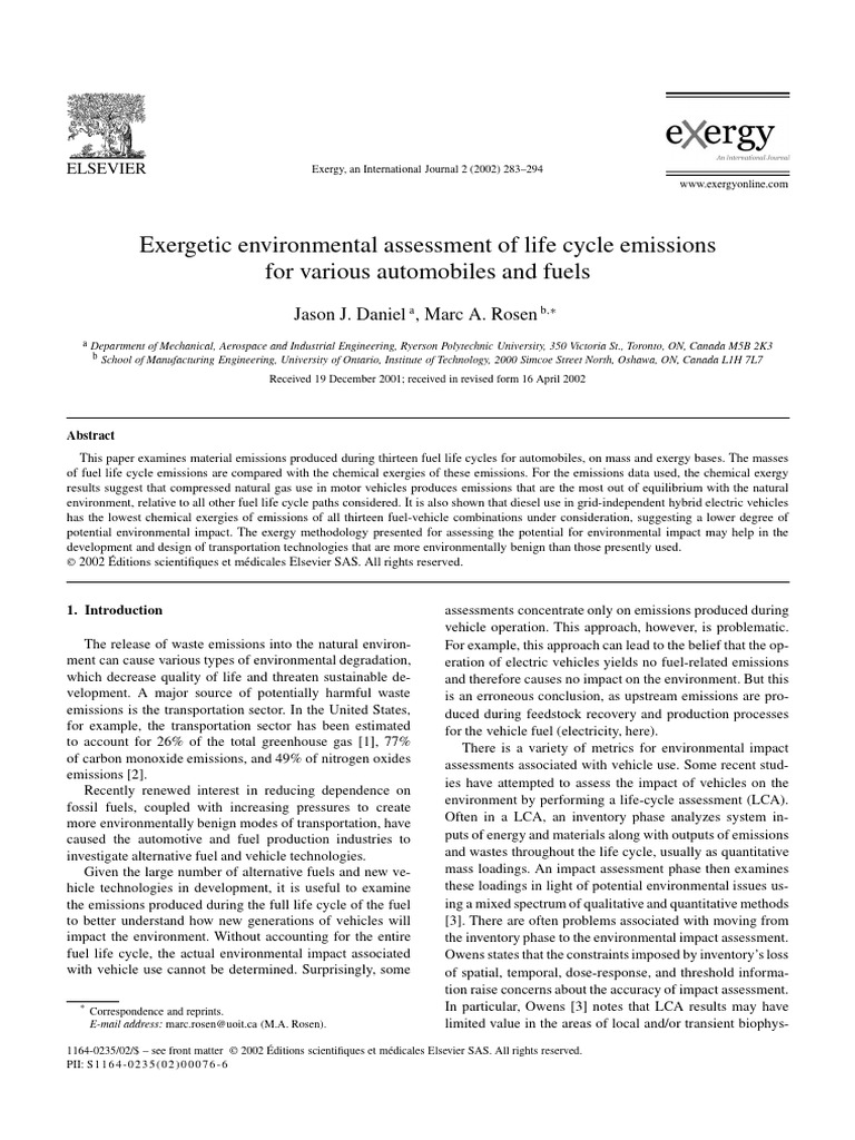 Exergy 2002 - Exergetic Environmental Assessment of Life Cycle Emissions For Various Automobiles ...
