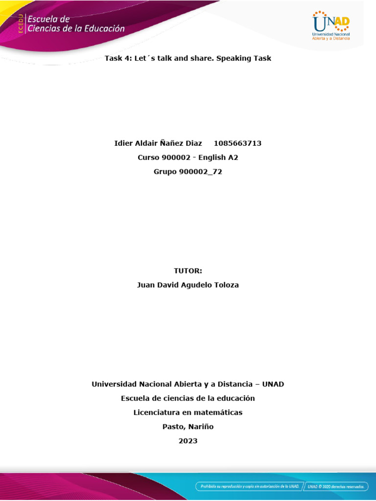 IdierÑañez - 72 - Task 4 - Let's Talk and Share. Speaking Task | PDF