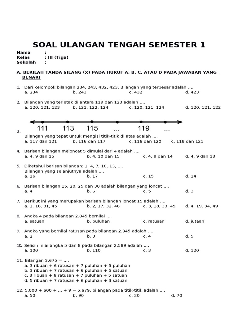 Soal UTS Matematika Kelas 3 SD Semester 1 (Ganjil) Dan Kunci Jawaban | PDF | Metode & Bahan Ajar