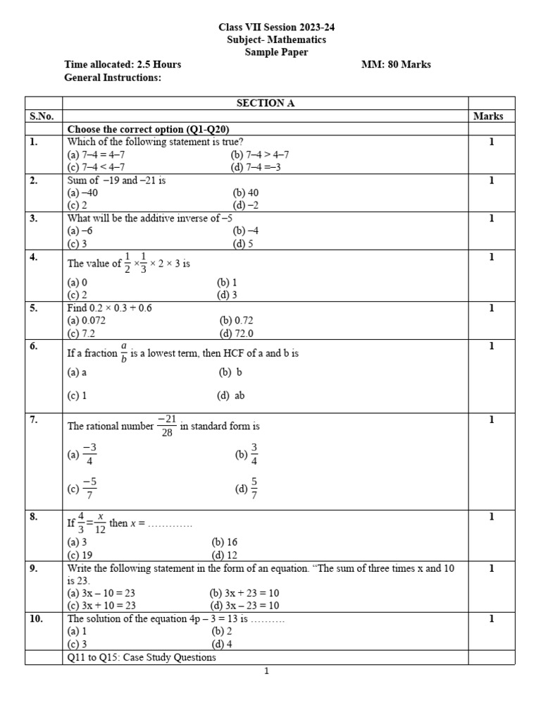 Class 7 Math Sample Paper | PDF | Science | Mathematics
