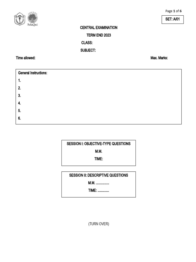 Session I-Central Exam Question Paper Layout | PDF