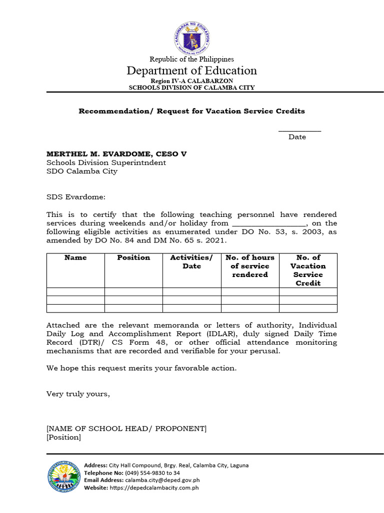 Recommendation Request For Service Credit | PDF