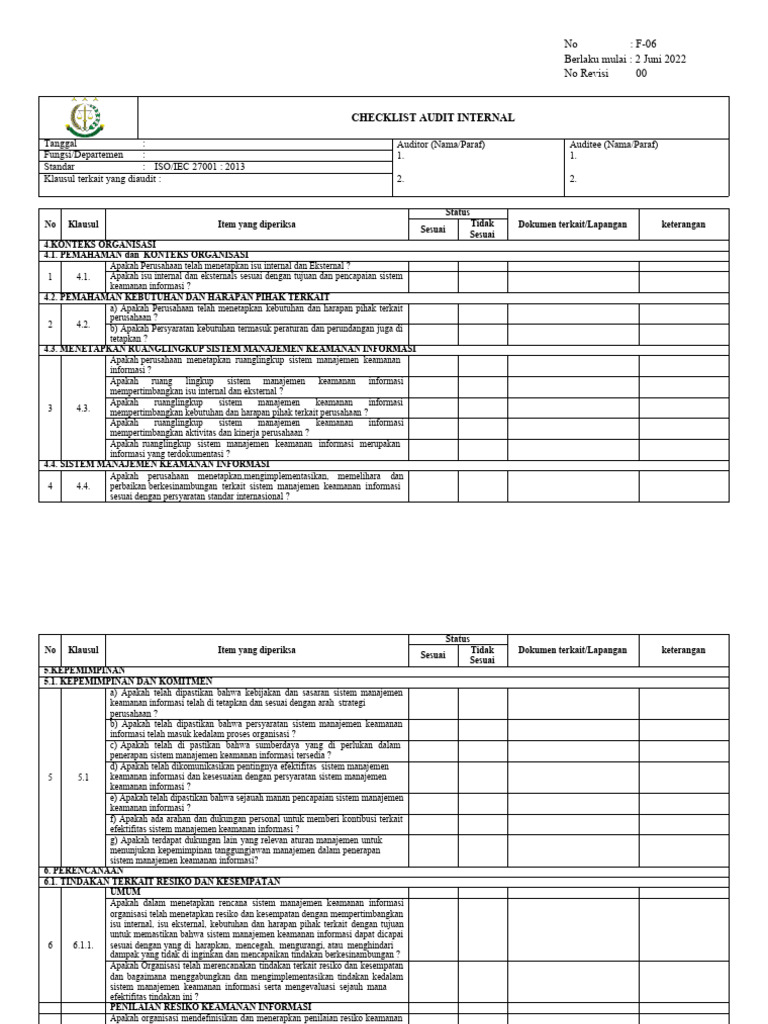 F-06 Checklist Internal Audit | PDF