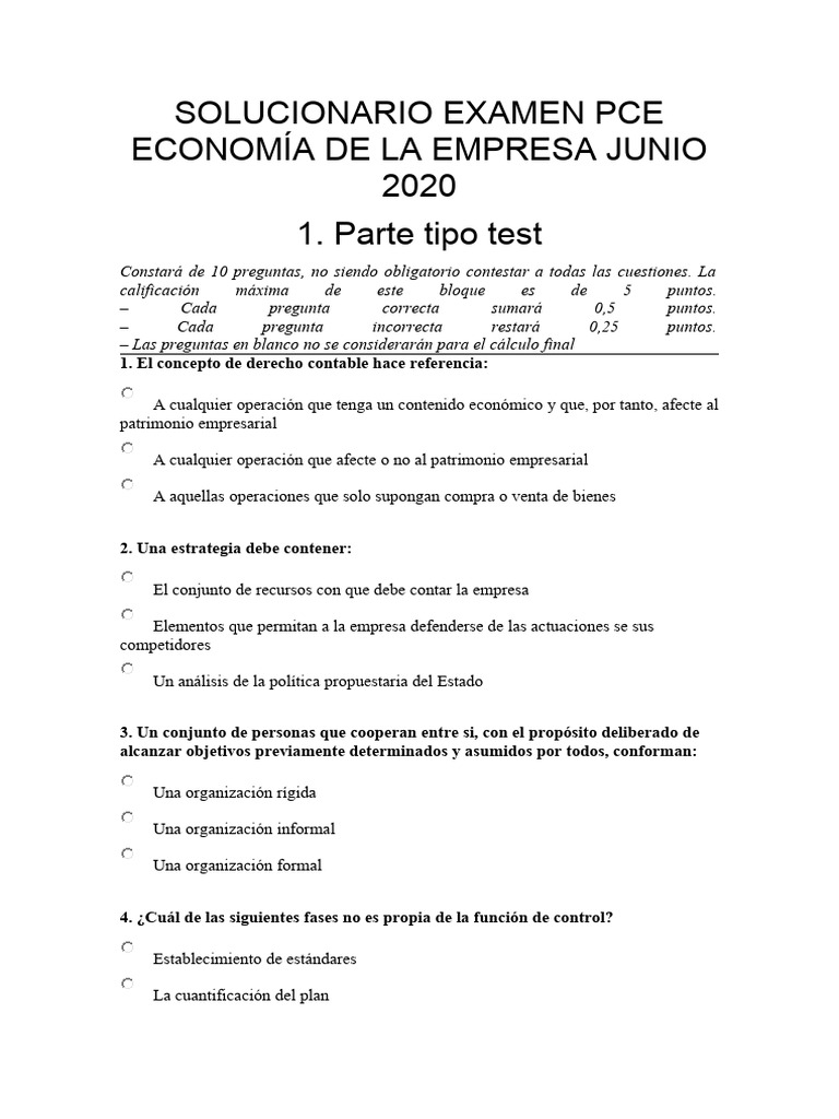Solucionario Examen Pce Economía de La Empresa Junio 2020 | PDF