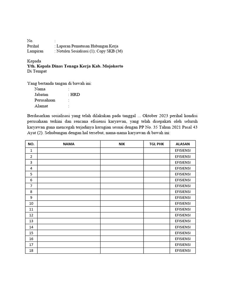 Laporan PHK Ke Disnaker | PDF