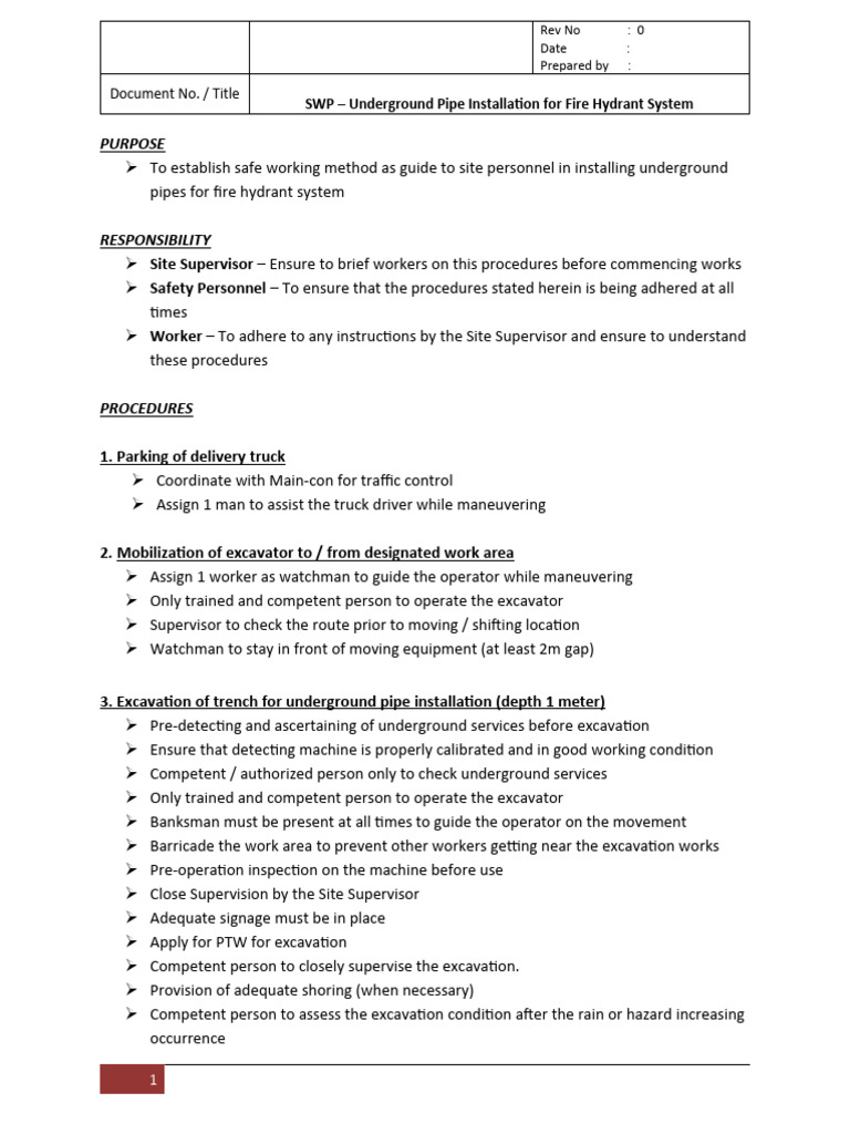 SWP For Installation of Underground Pipes For Fire Hydrant System | PDF