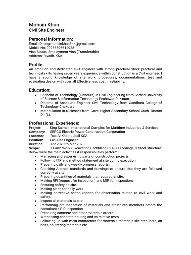 Mohsin Khan Site Engr CV | PDF