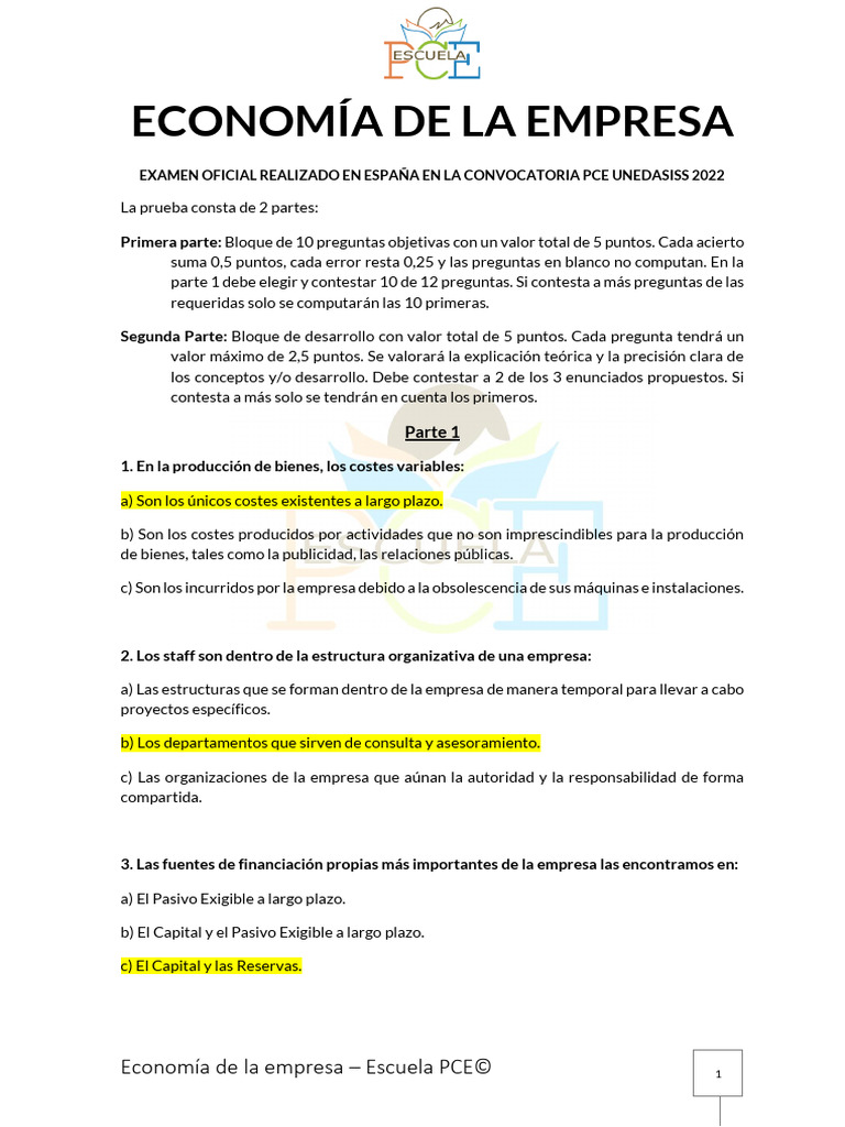 Examen PCE Economia 2022 Resuelto Escuela PCE | PDF | Capital de trabajo | Economias
