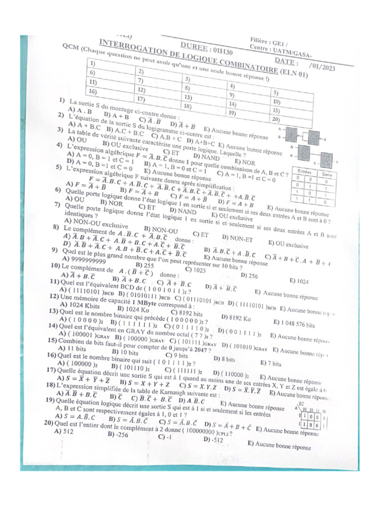 Interrogation de Logique Combinatoire (Eln 01) | PDF
