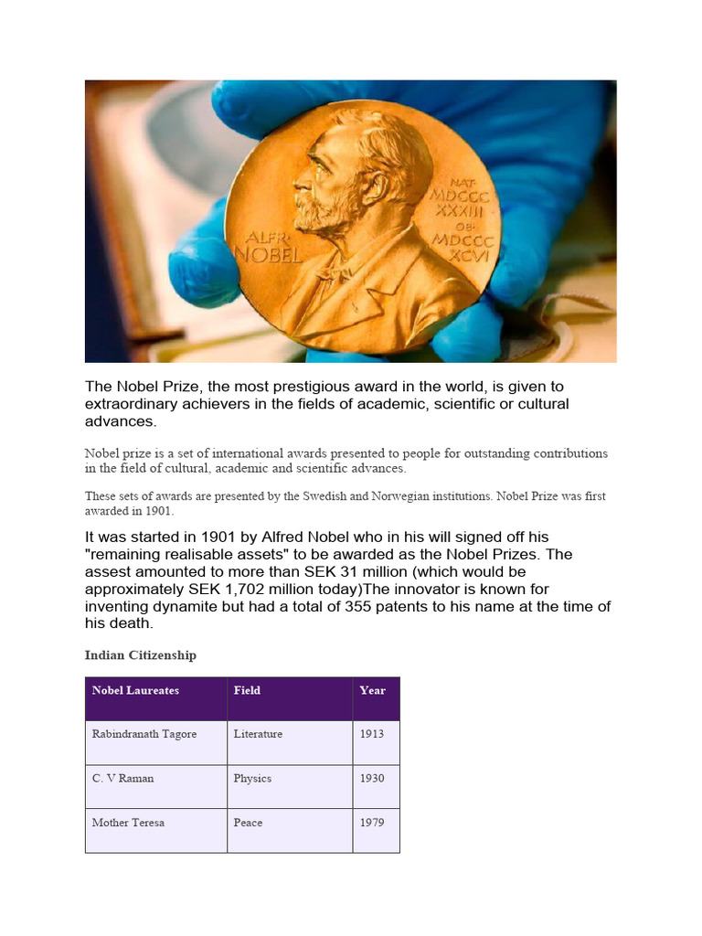 Indian Nobel Laureates and Their Impact | PDF
