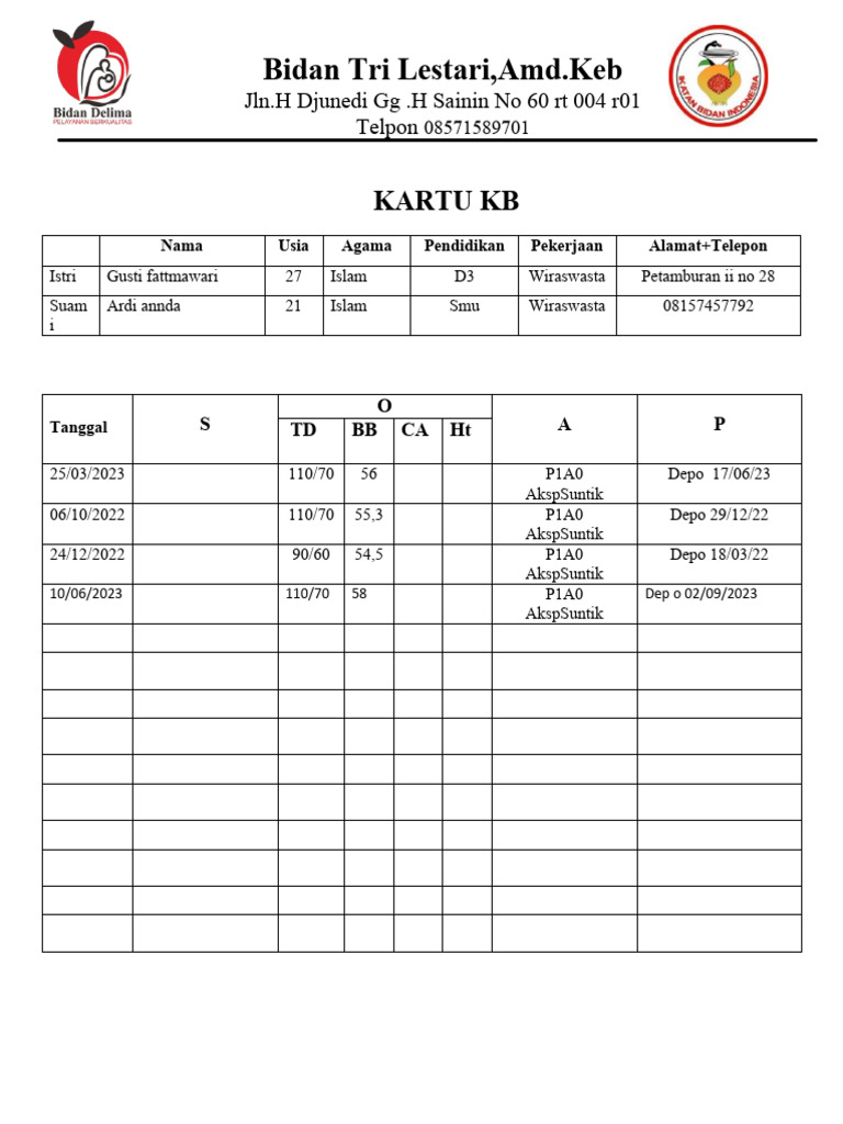 Bidan Tri Lestari, Amd - Keb: Kartu KB | PDF