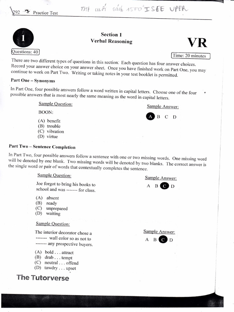 ISEE UPPER (Verbal + Quantitative) | PDF