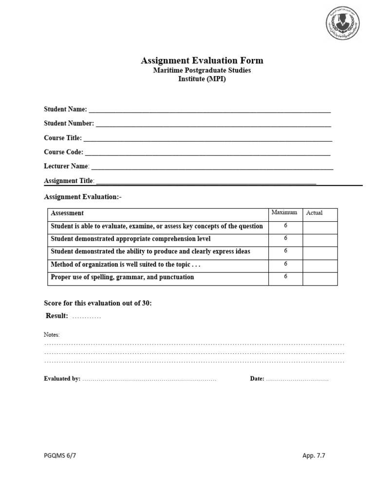 PGQMS 6 - 7 Assignment Evaluation Form | PDF