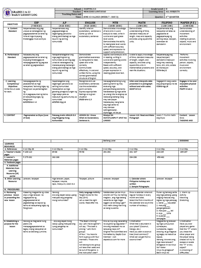 DLL All Subjects 2 q4 w7 d3 | PDF | Chart | Cognitive Science