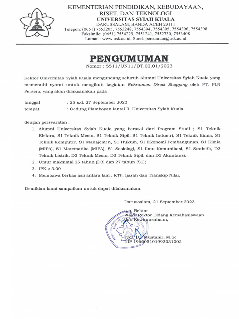 Pengumuman Rekrutmen PT PLN Persero Bagi Alumni USK Tahun 2023 | PDF