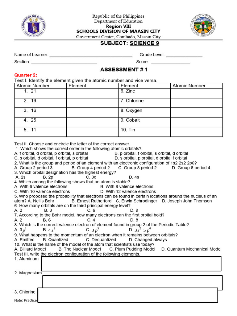 Grade 9 Science Quarter 2 Assessment | PDF | Atomic Orbital | Electron ...