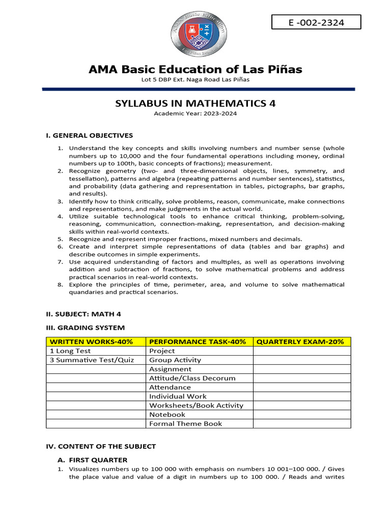 Math4 Syllabus | PDF