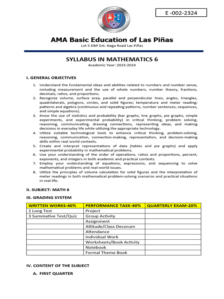 Math6 Syllabus | PDF