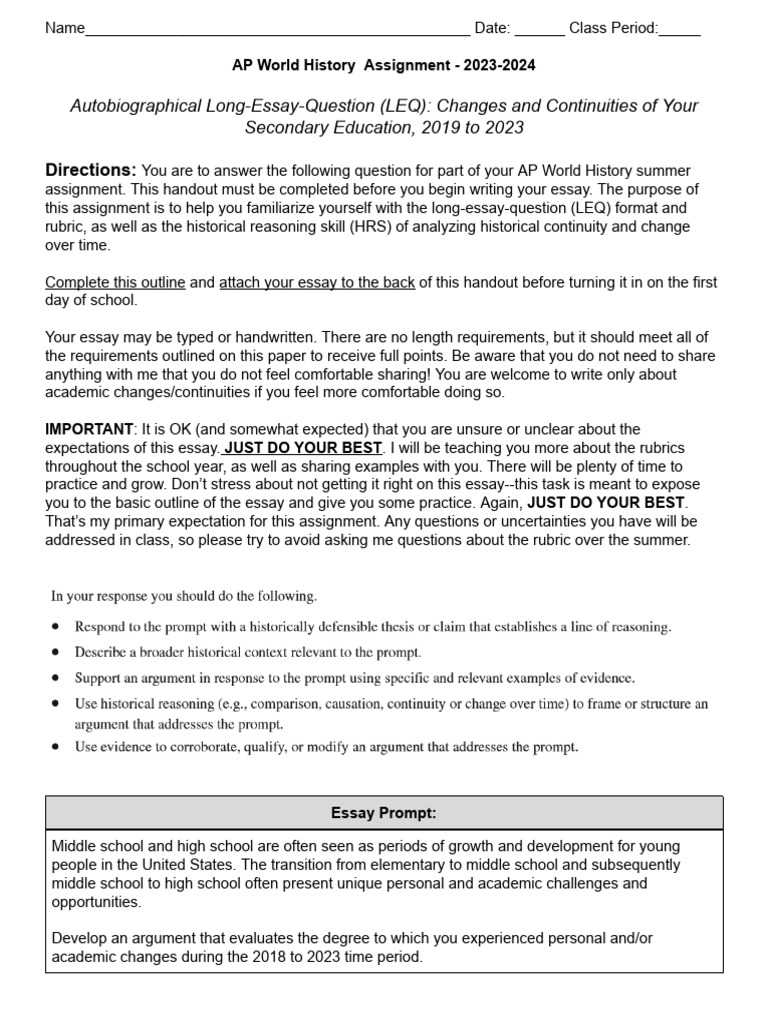 APWH - Autobiographical CCOT 23-24 | PDF | Essays | Paragraph