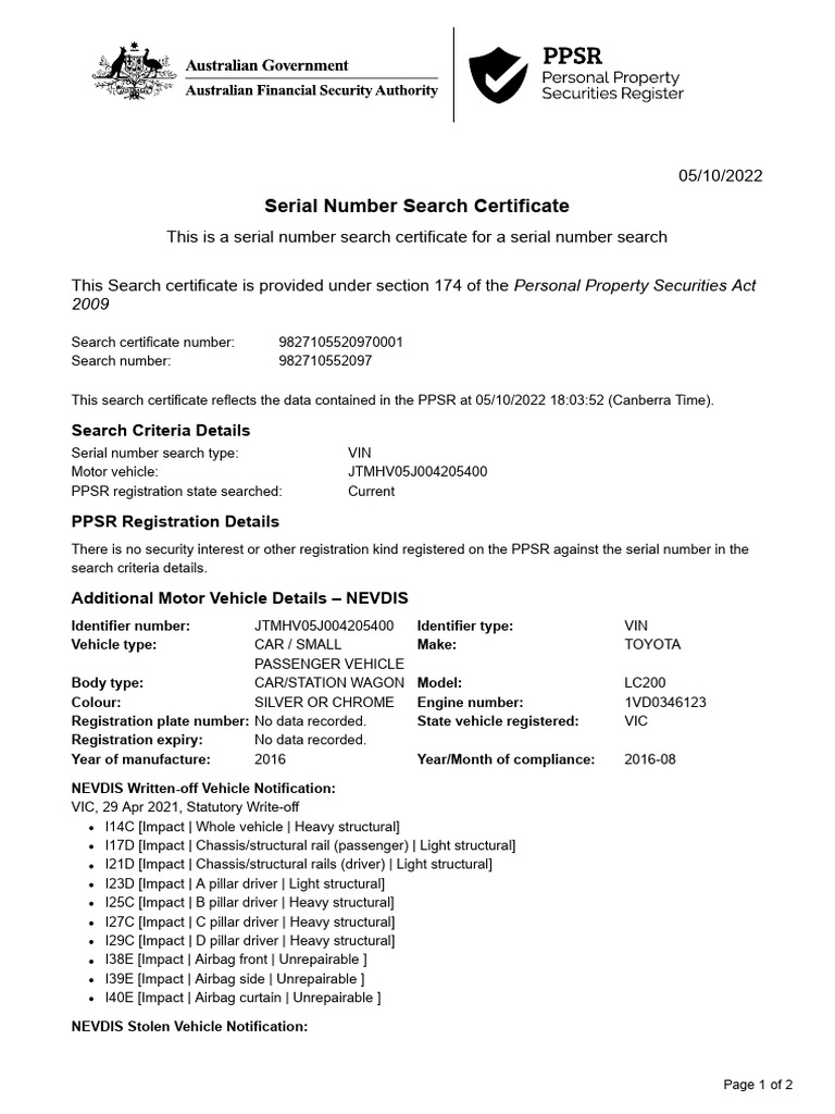 PPSR Search Certificate 9827105520970001 | PDF | Vehicles | Privacy