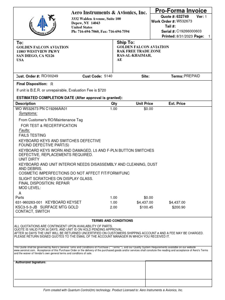 Aero Instruments & Avionics, Inc.: Pro-Forma Invoice | Download Free ...